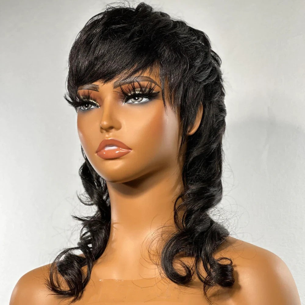 Afsisterwig -Full Machine Made Bouncy Wave Human Hair Wig with Bang