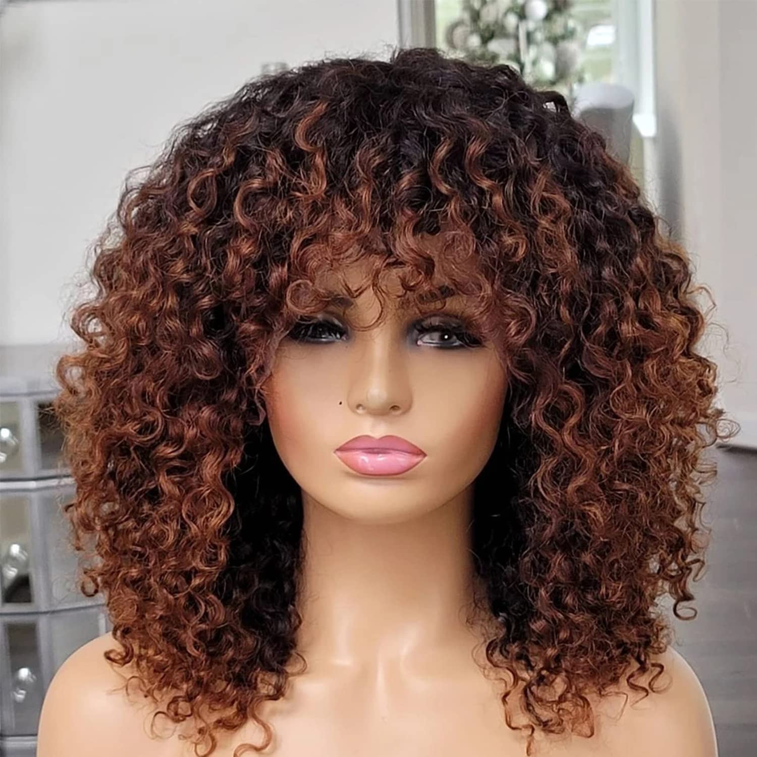 Afsisterwig -Full Machine Made Ombre Brown Curly Human Hair Wig with Bang