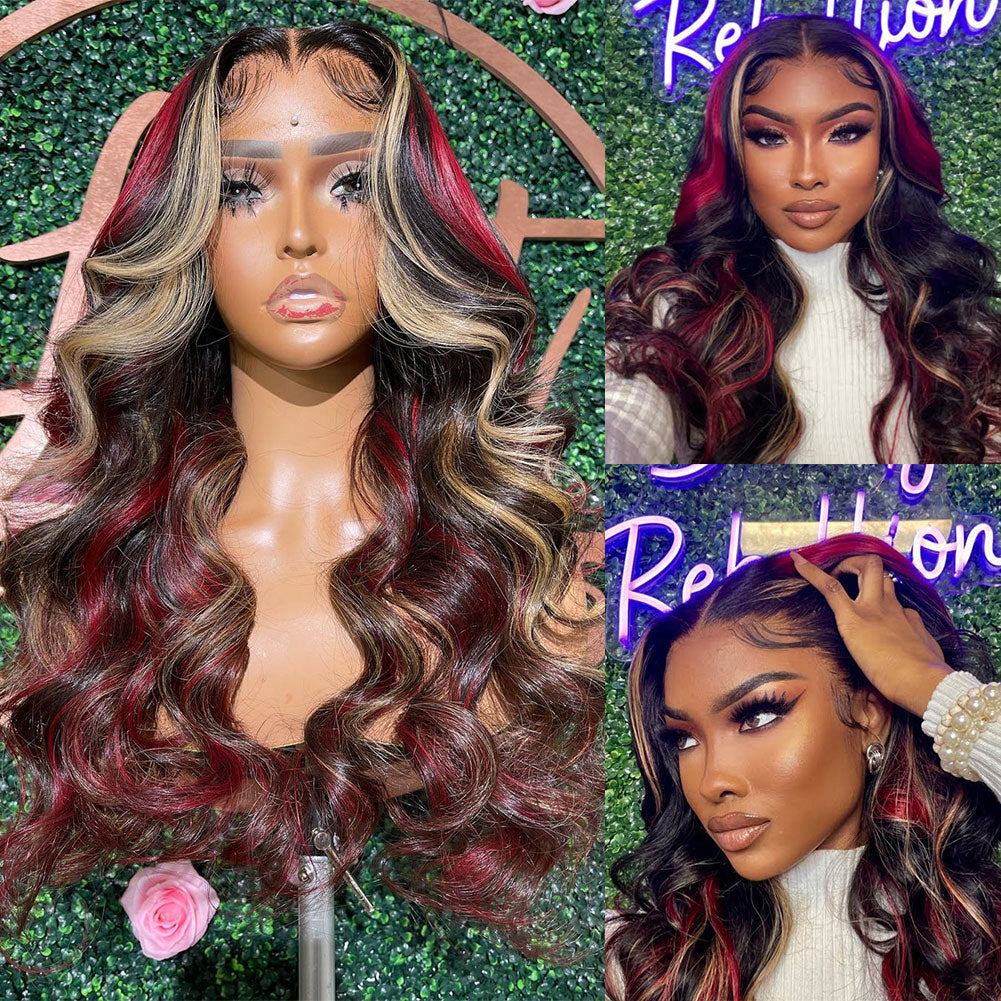 Mya | Body Wave Red & Blonde Highlight Preplucked Human Hair Lace Fron ...